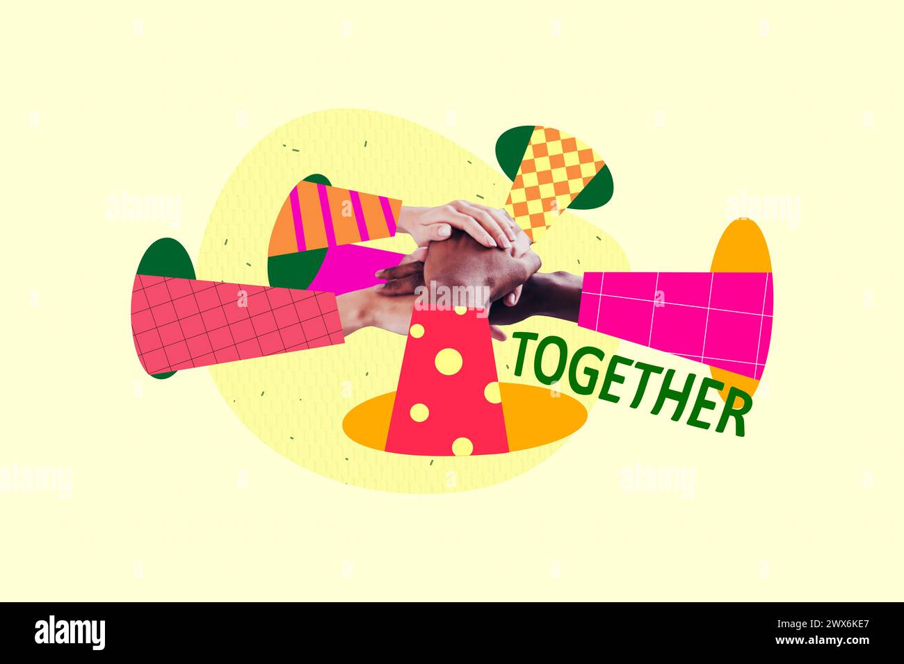 Composite photo collage of hand colorful sleeve teamwork coworking ...