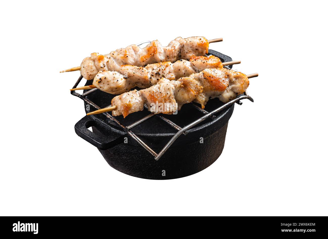 Grilled Chicken skewers souvlaki, poultry meat shish kebab. Isolated on white background. Top ...