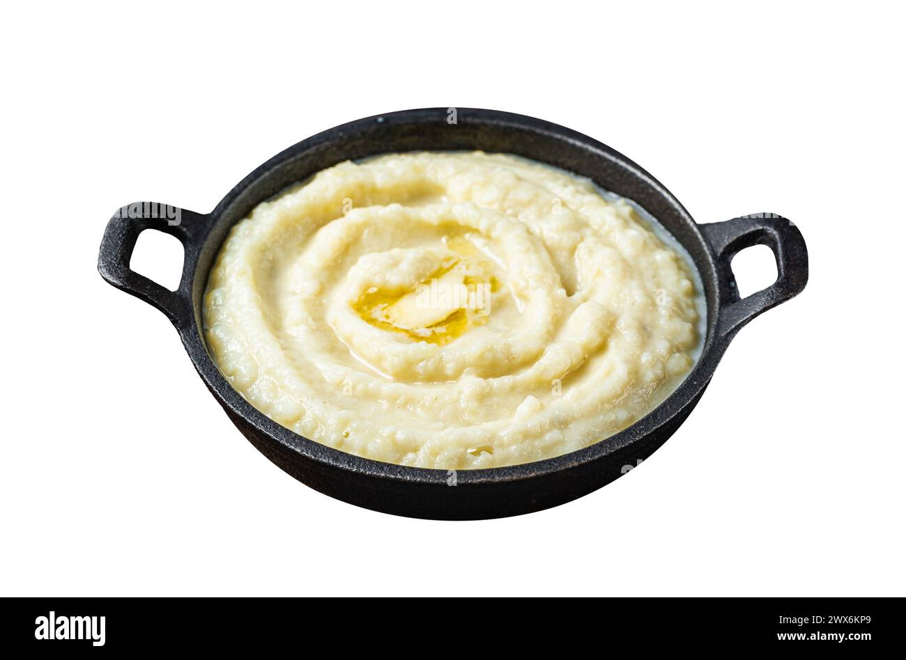 Mashed potatoes in a pan on wooden rustic table. Isolated on white ...