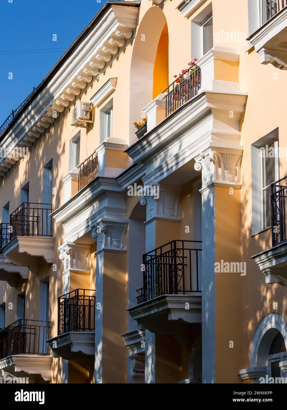 Beautiful facade of the building 1950s. Soviet architecture in the ...