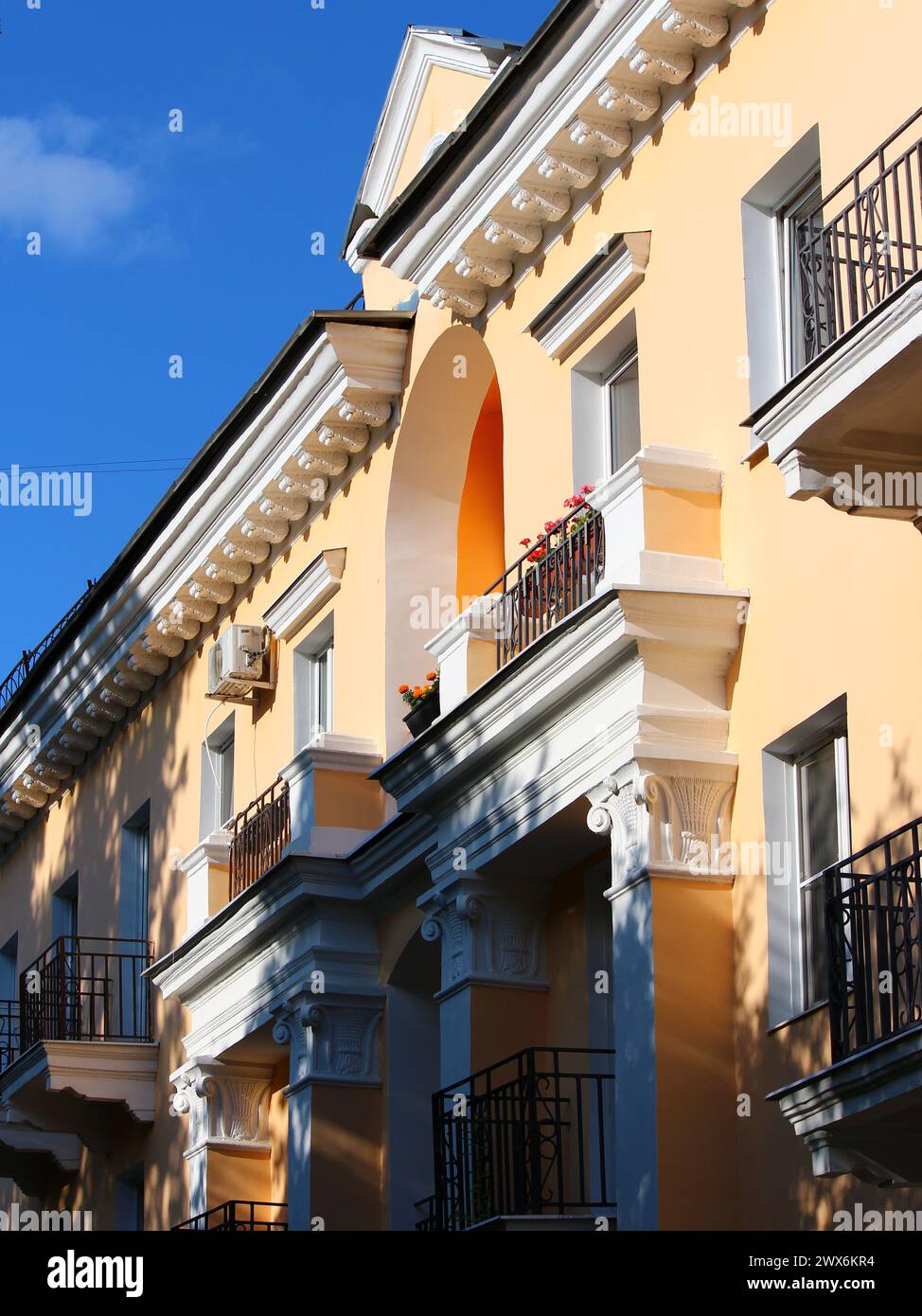 Beautiful facade of the building 1950s. Soviet architecture in the ...