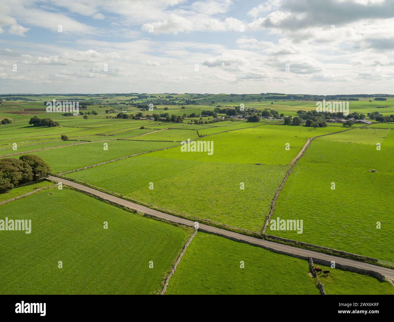 Drone photograph of the Peak District countryside with a country road ...