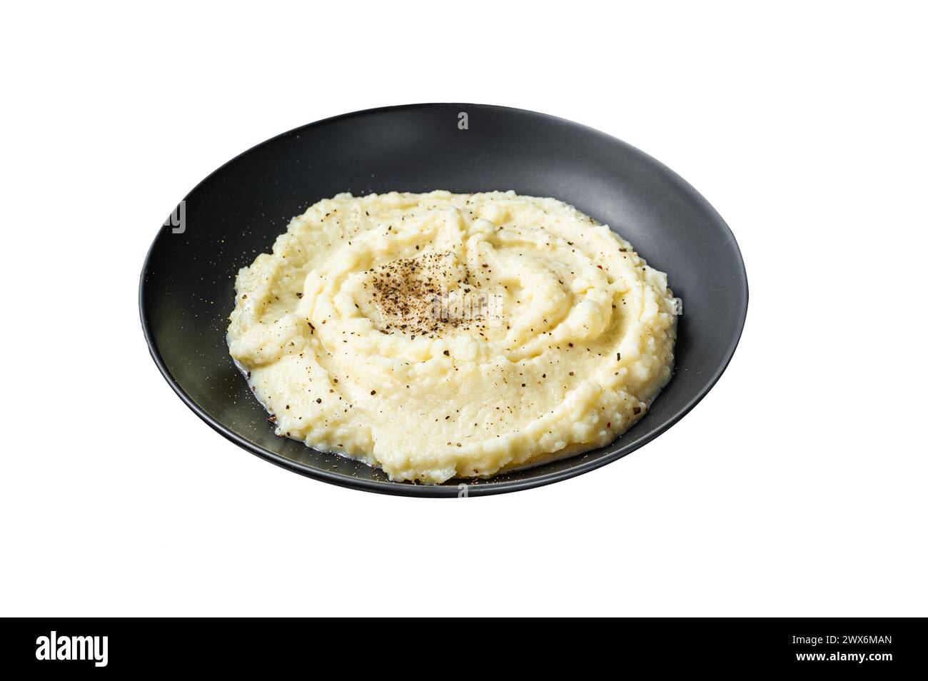 Potato puree, Mashed potatoes in a plate with herbs. Isolated on white ...