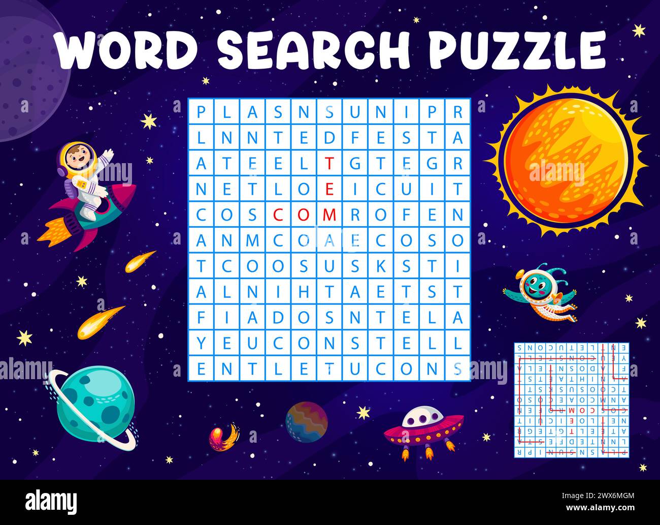Word search puzzle game with galaxy space landscape, kid astronaut and ...