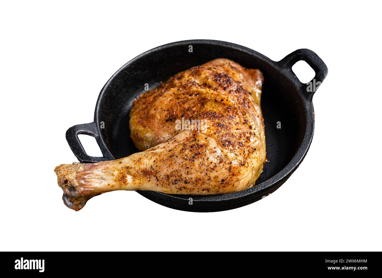 Fried bbq chicken leg in a pan. Isolated on white background. Top view ...