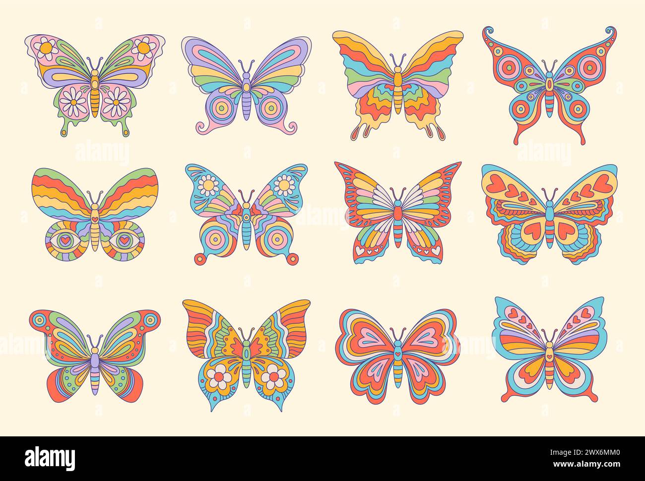 Groovy hippie butterfly insects in retro boho style. Isolated vector ...