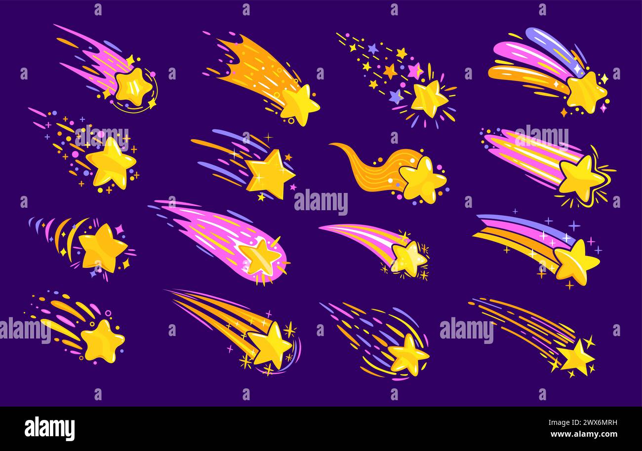 Cartoon shooting space stars with trails, falling galaxy comets and ...