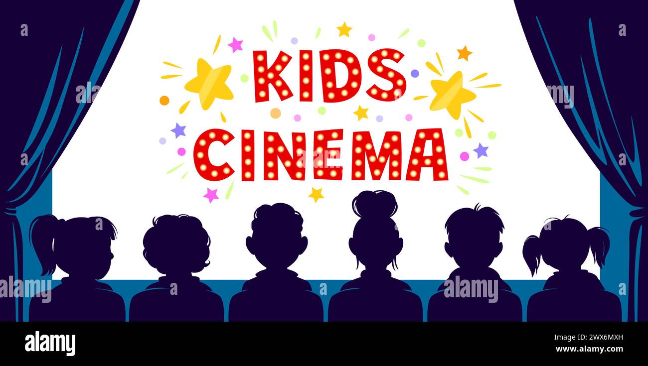 Children cinema, kids movie theater silhouette. Vector banner features ...