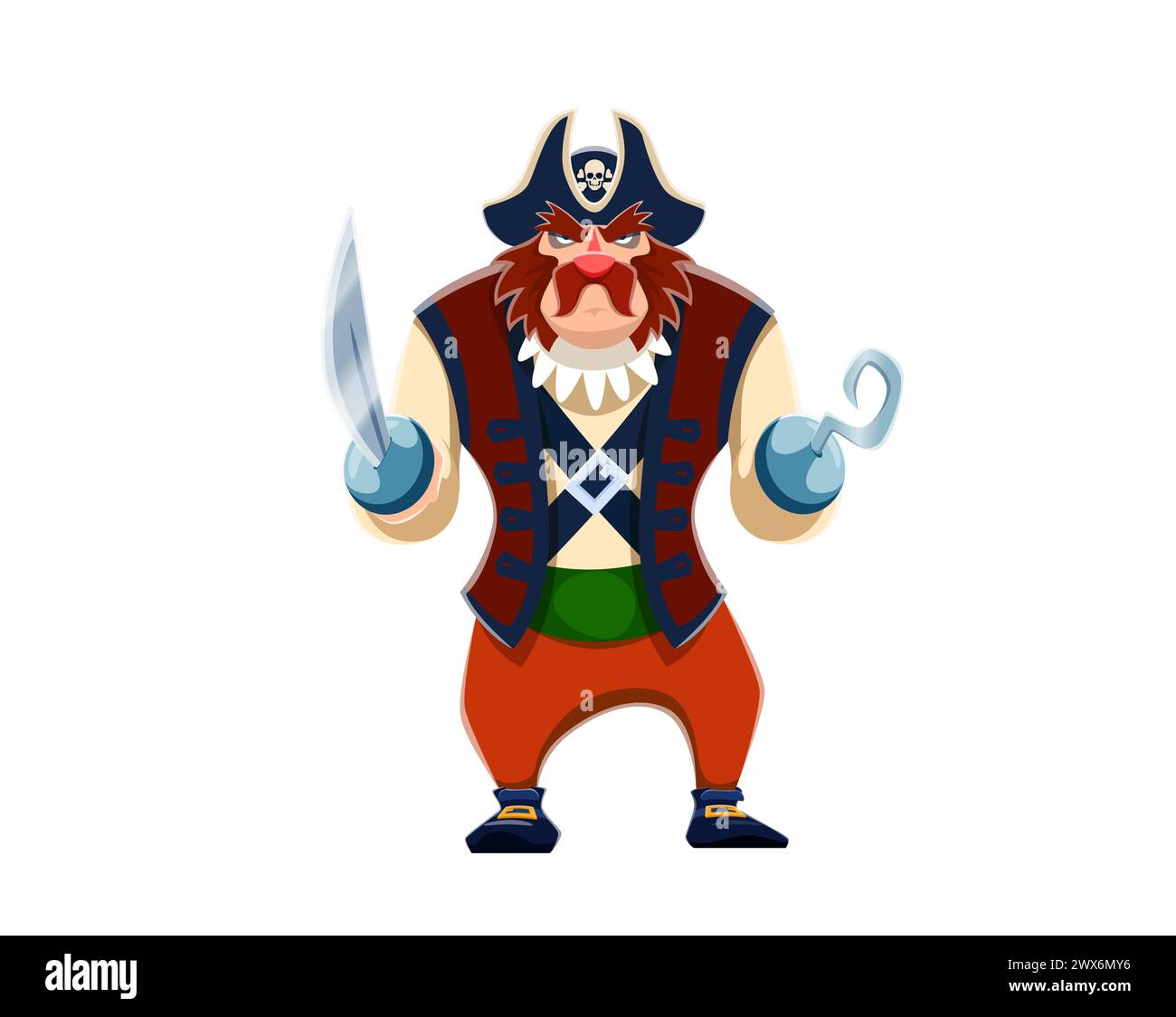 Cartoon pirate sailor character with hook. Isolated vector sea captain corsair, swashbuckling ...