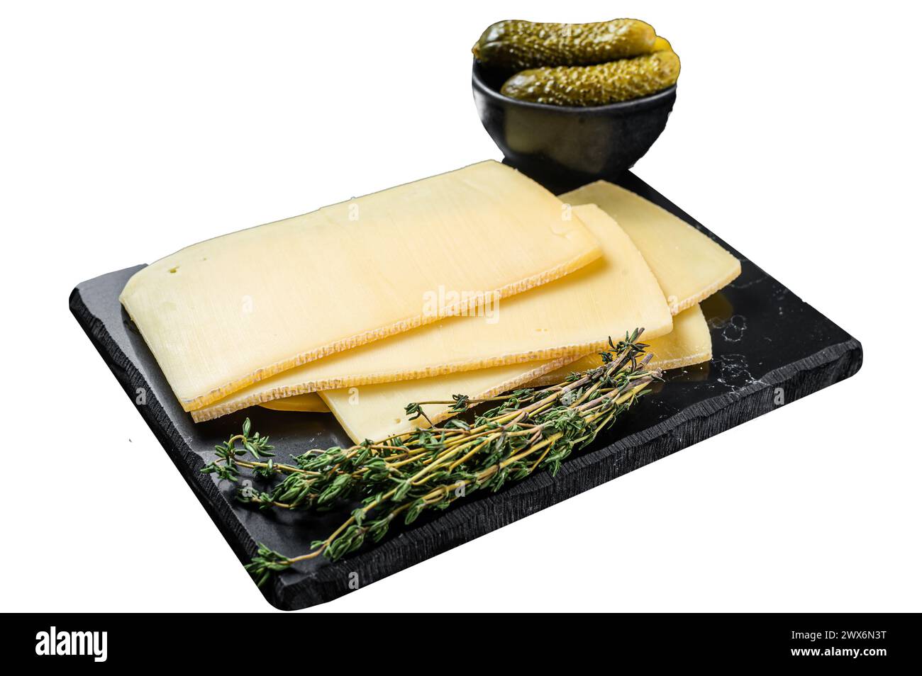 Fresh Uncooked Raclette Swiss cheese slices on marble board. Isolated ...