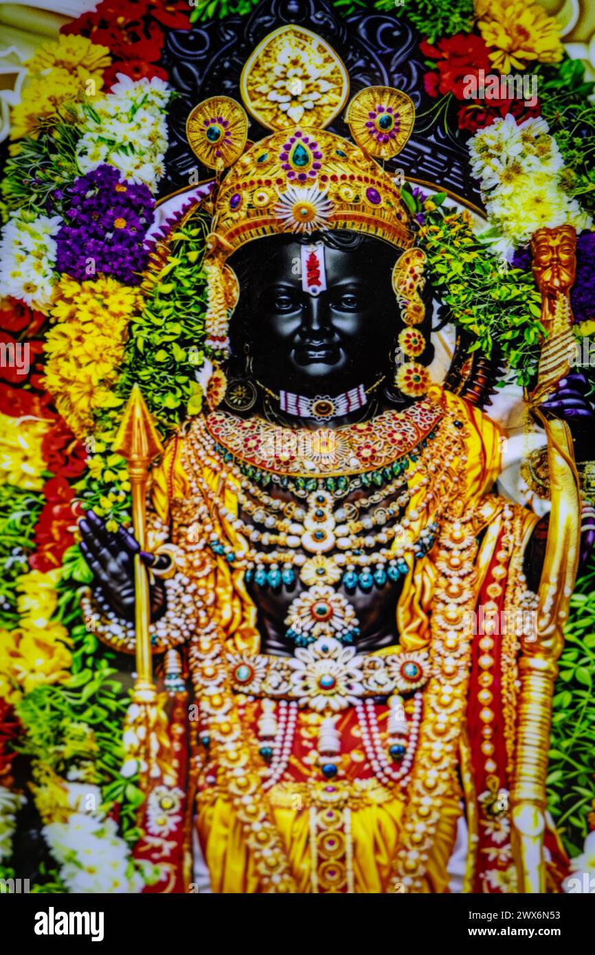 hindu god lord rama from Ramayana black stone statue from flat angle in ...