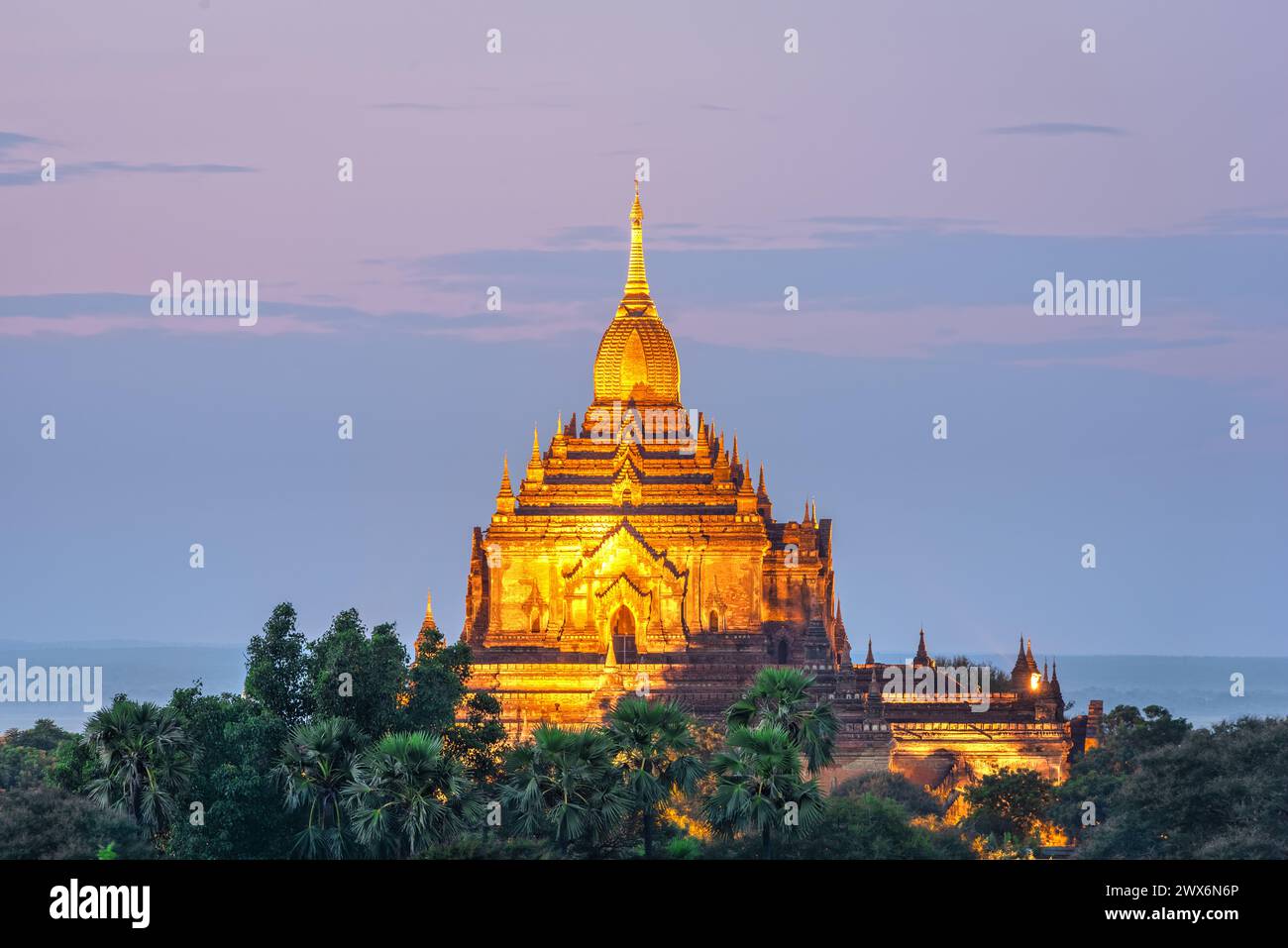 Bagan, Myanmar temples in the Archaeological Zone at dusk Stock Photo ...
