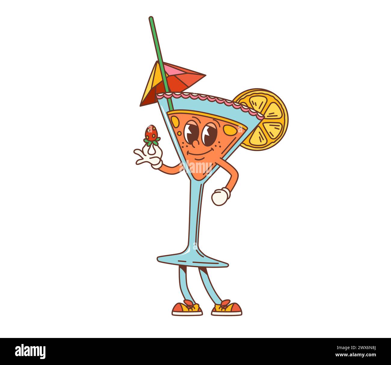 Retro cartoon groovy party cocktail character. Isolated vector glass ...
