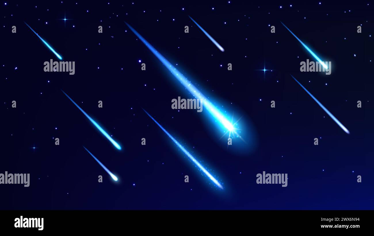 Realistic comets and asteroids, shooting space stars with trails in sky ...