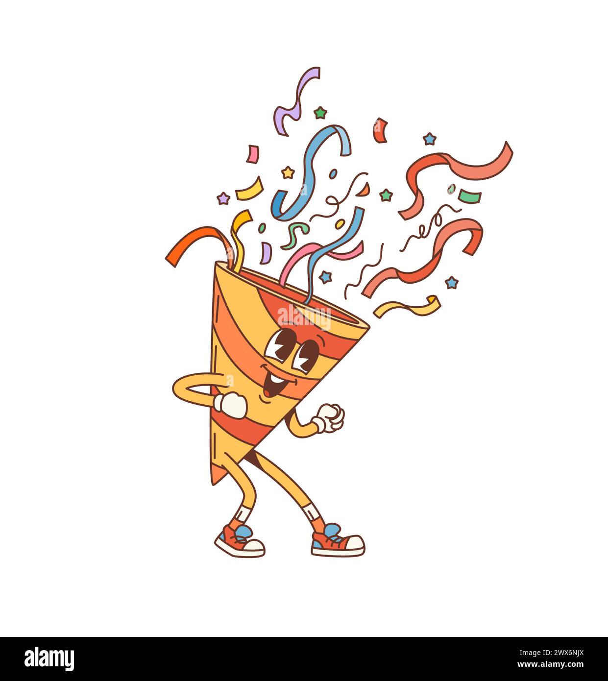 Retro cartoon groovy party popper character. Cute vector vintage ...