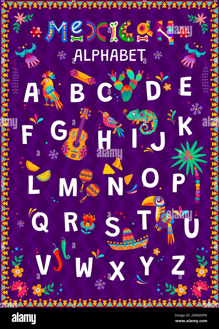 Kids Mexican alphabet with national cuisine, animals and flowers ...