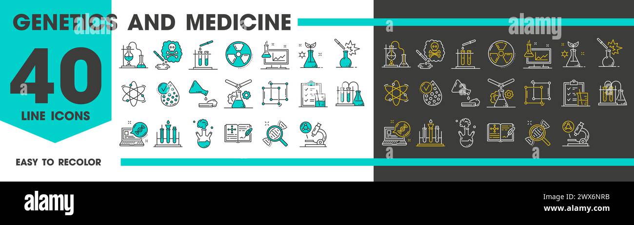 Genetics and science icons, physics and medicine, chemistry and biology ...