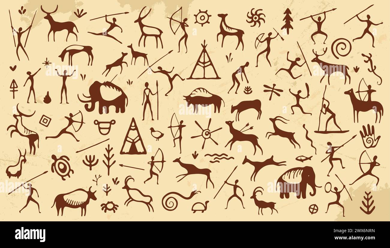 Prehistoric cave painting, ancient stone drawing. Vector background ...