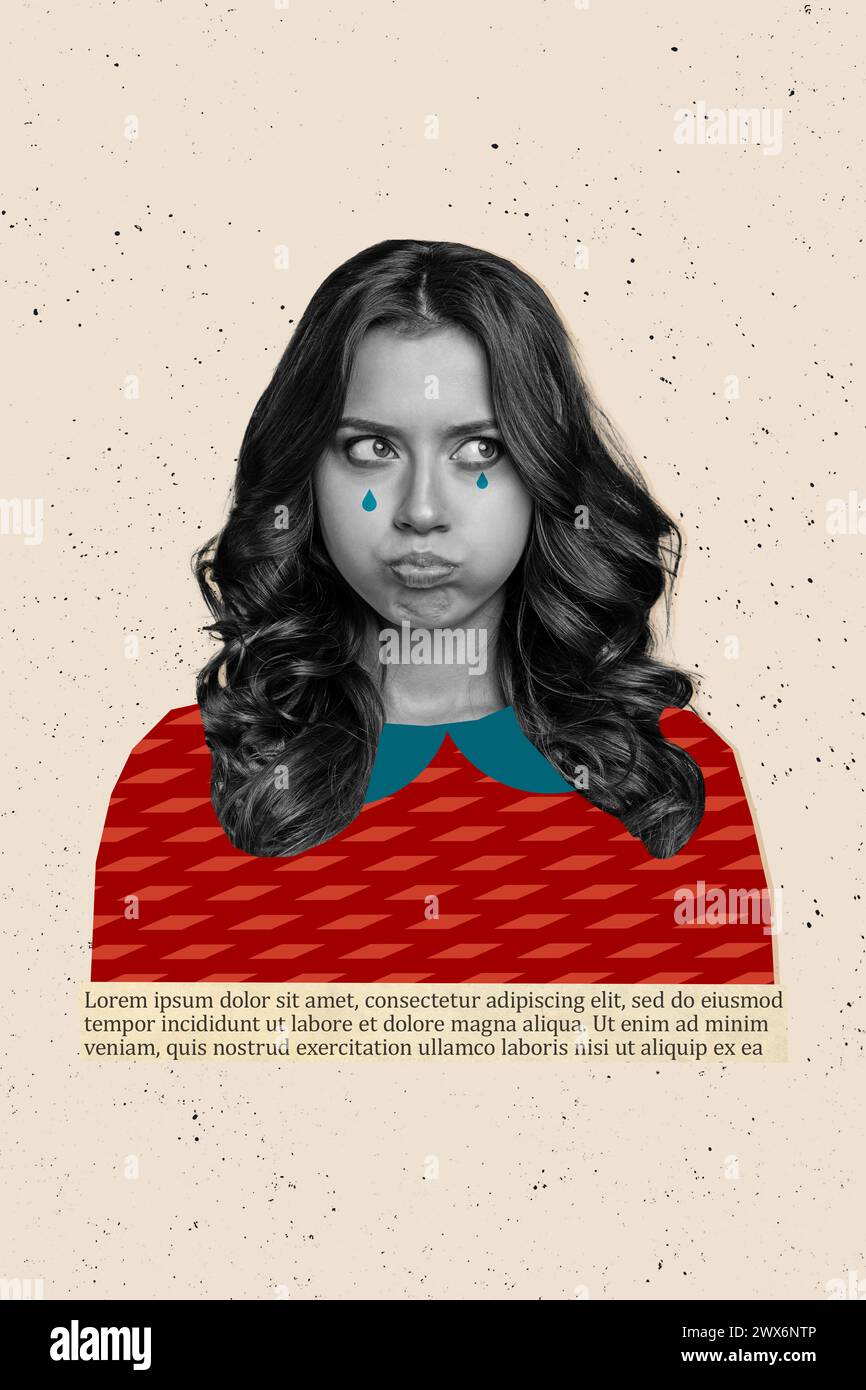 Vertical photo collage of upset lonely girl cry drop water tear ...