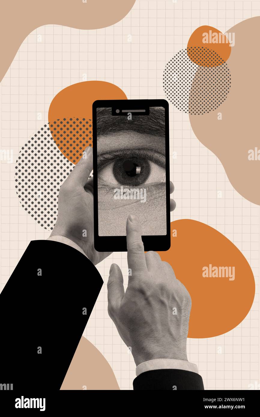 Vertical creative collage picture smartphone data cyber security human ...