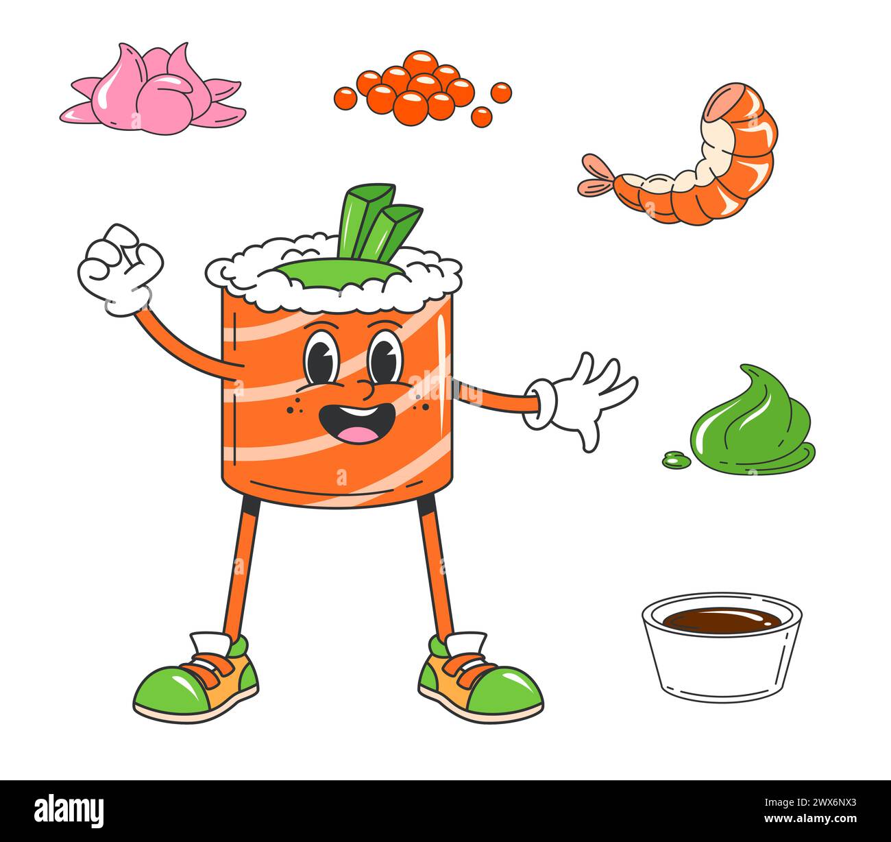 Retro cartoon groovy japanese roll character. Isolated cute vector ...