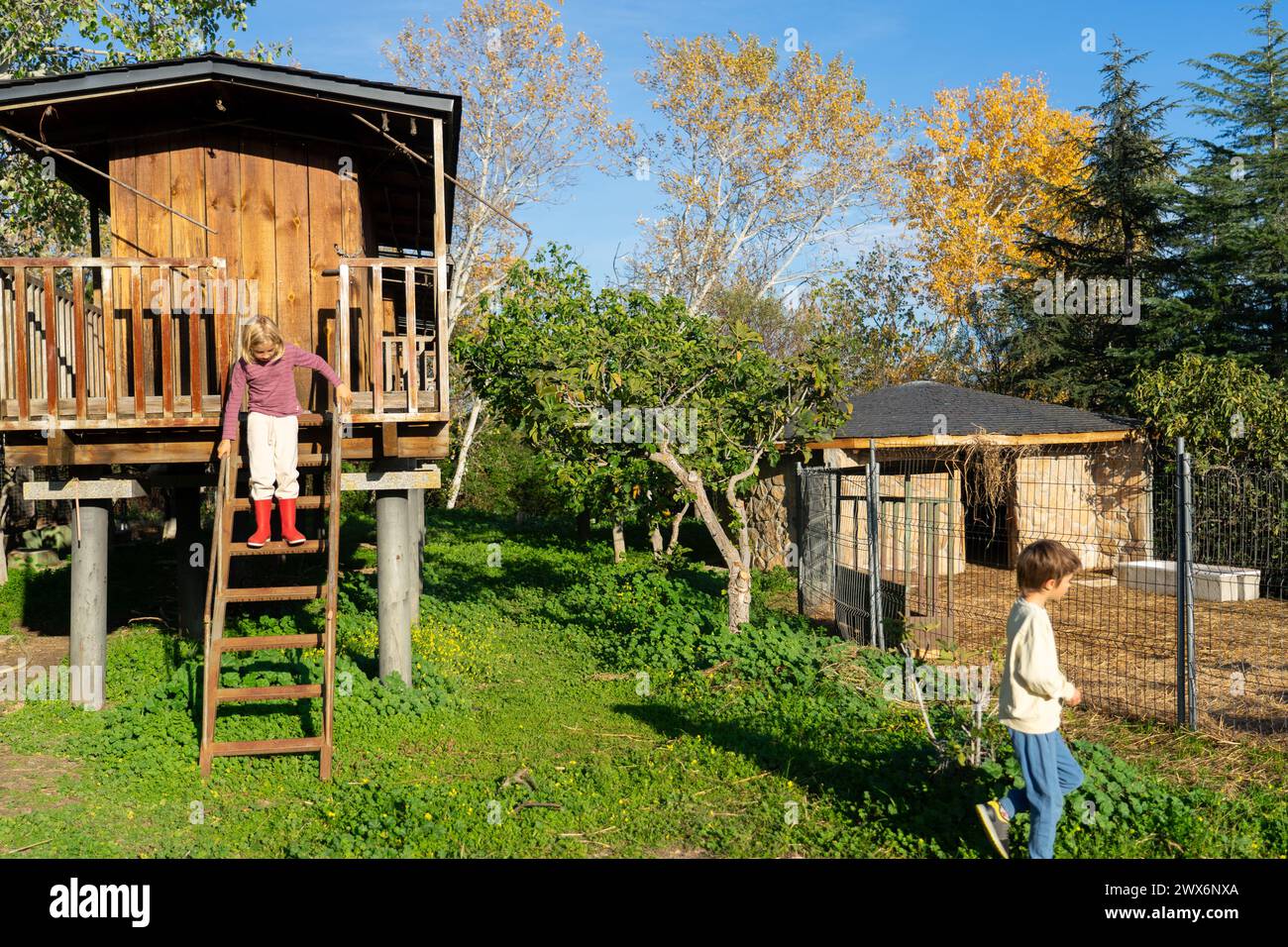 Two children playing on a farm Stock Photo - Alamy