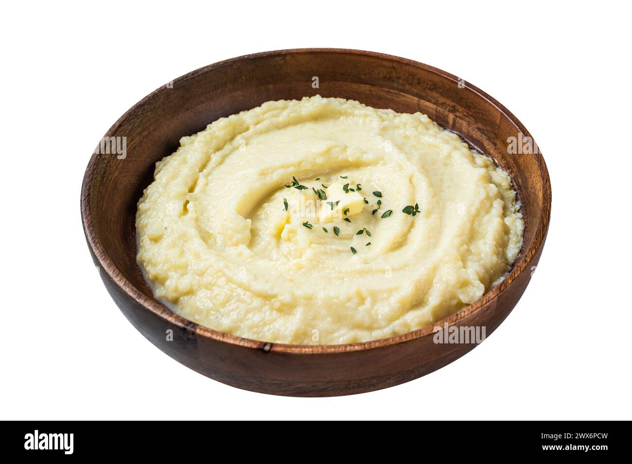 Boiled potato puree, Mashed potatoes in a wooden plate. Isolated on ...
