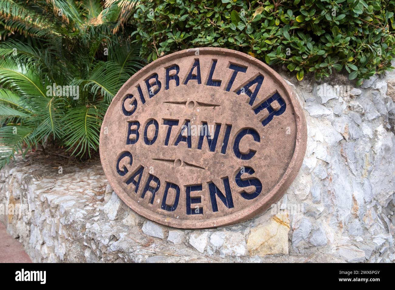 Large oval shaped sign at the entrance of the Gibraltar Botanic Gardens ...