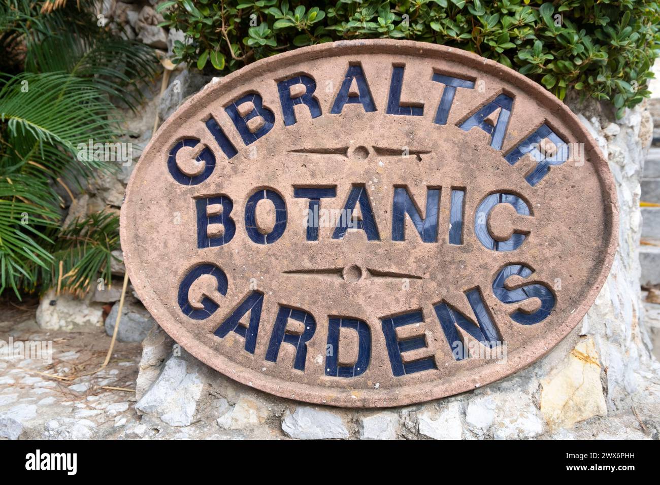 Large oval shaped sign at the entrance of the Gibraltar Botanic Gardens ...