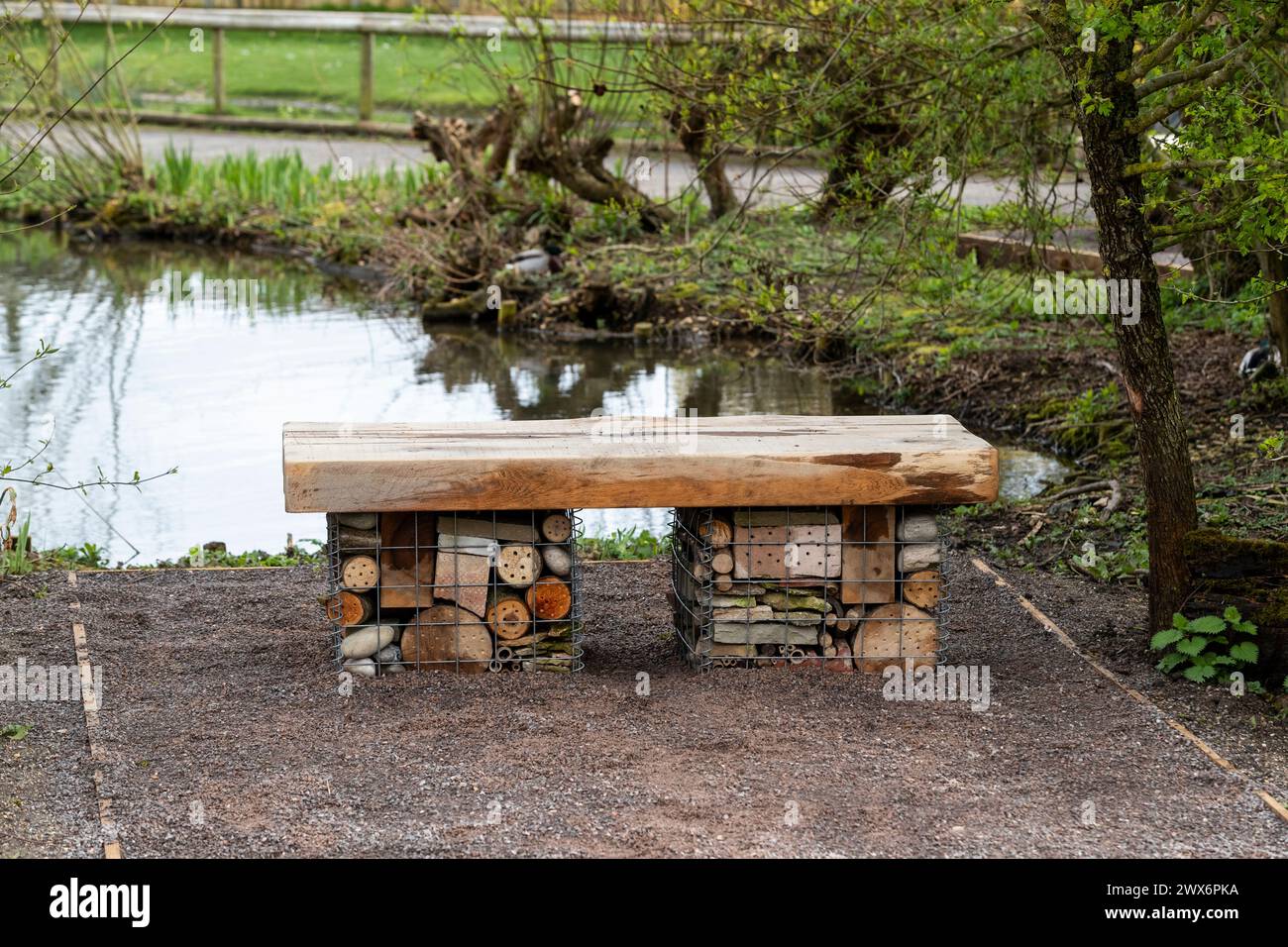 Chunky benches made with gabions filled with insect friendly materials ...