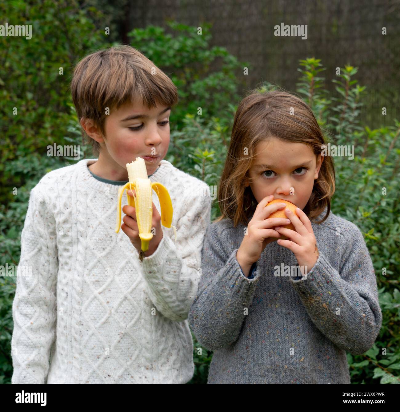 two children eating fruit (banana and apple) outdoors Stock Photo - Alamy