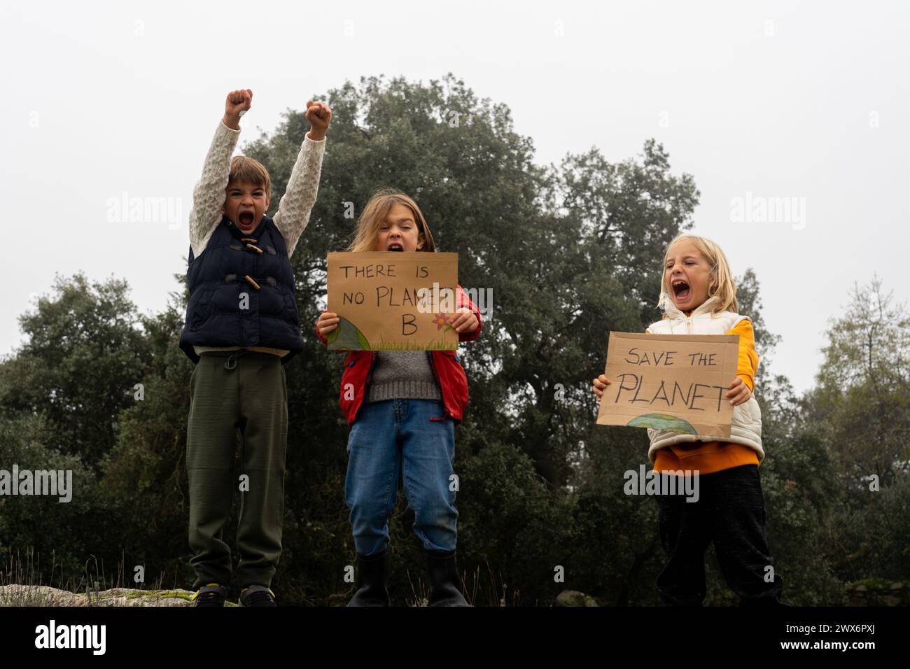 Children in nature protesting against climate change and global warming ...