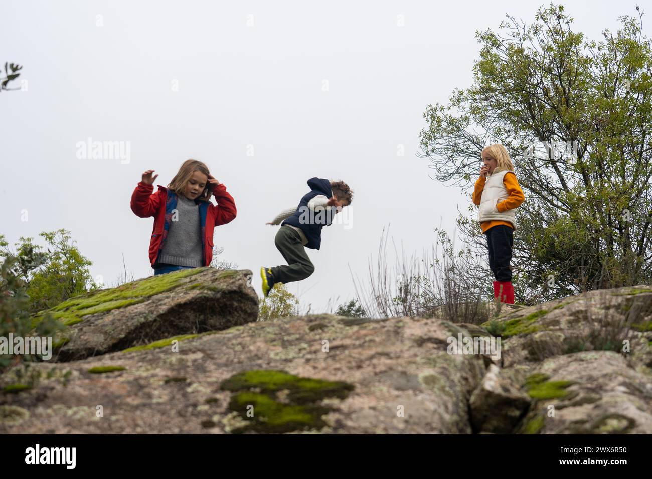Three children friends playing in nature together Stock Photo - Alamy