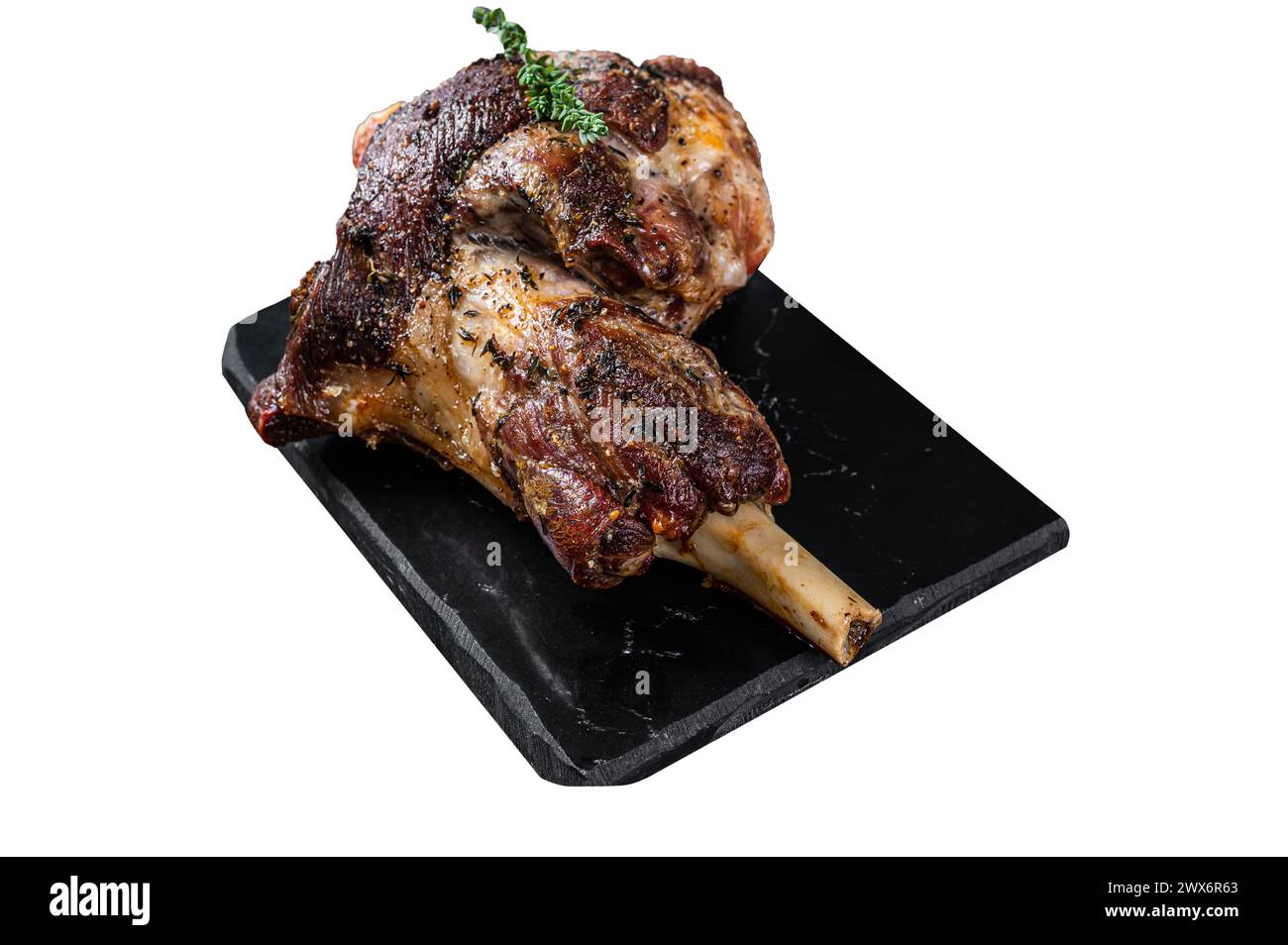 Oven Roasted lamb mutton whole leg with thyme. Isolated on white ...