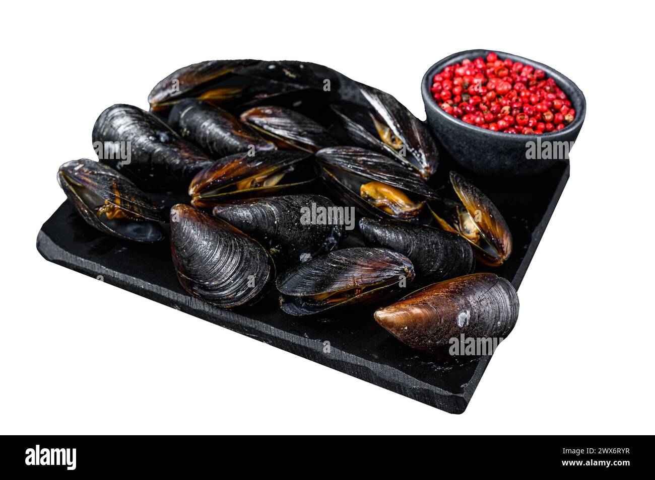 Boiled Mussels in shells on a marble board. Isolated on white ...