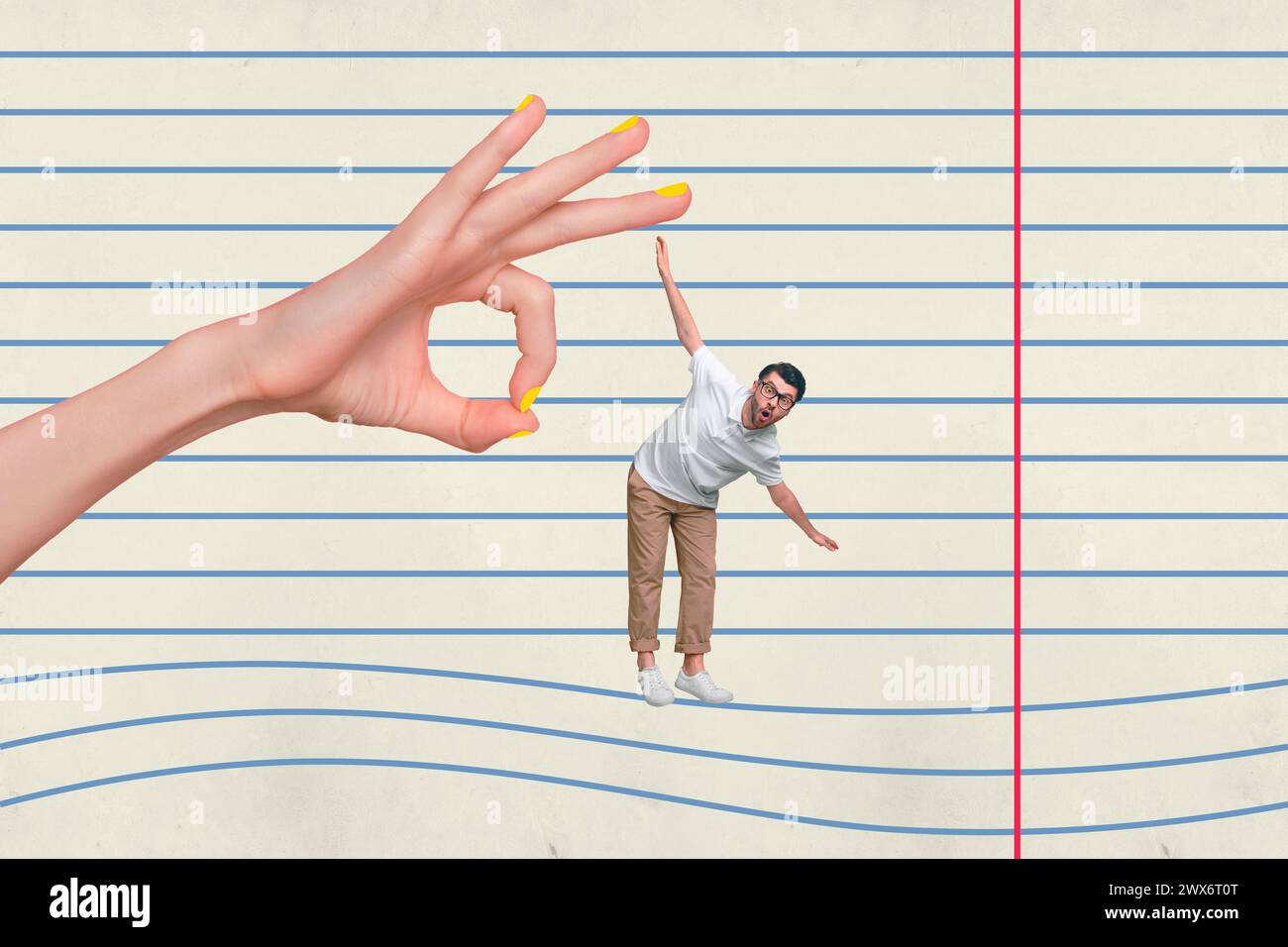 Collage image of brave guy with open hands fighting against big hand ...