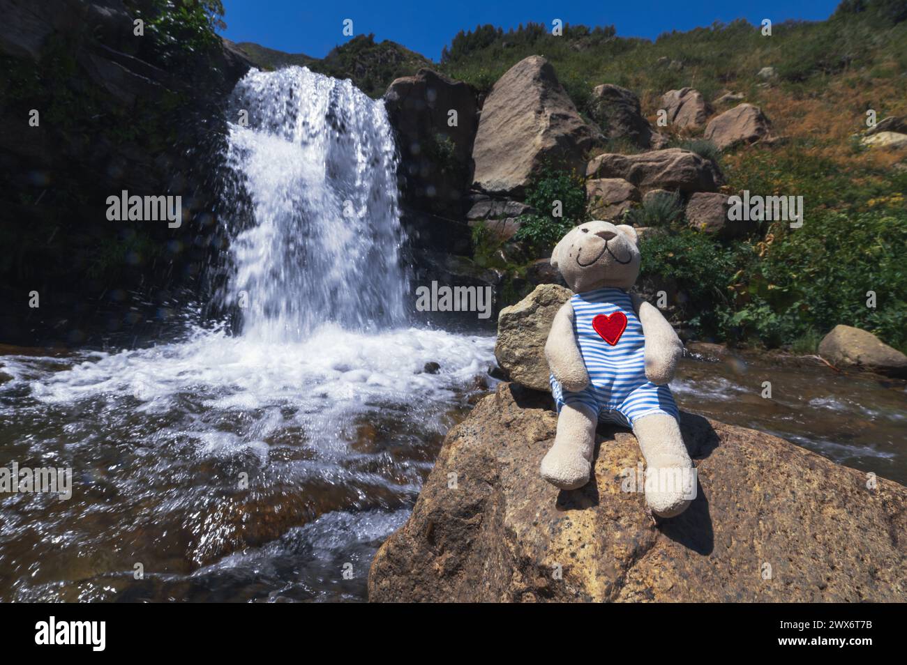 plush toy teddy bear traveler sits on a rock at the waterfall of the ...