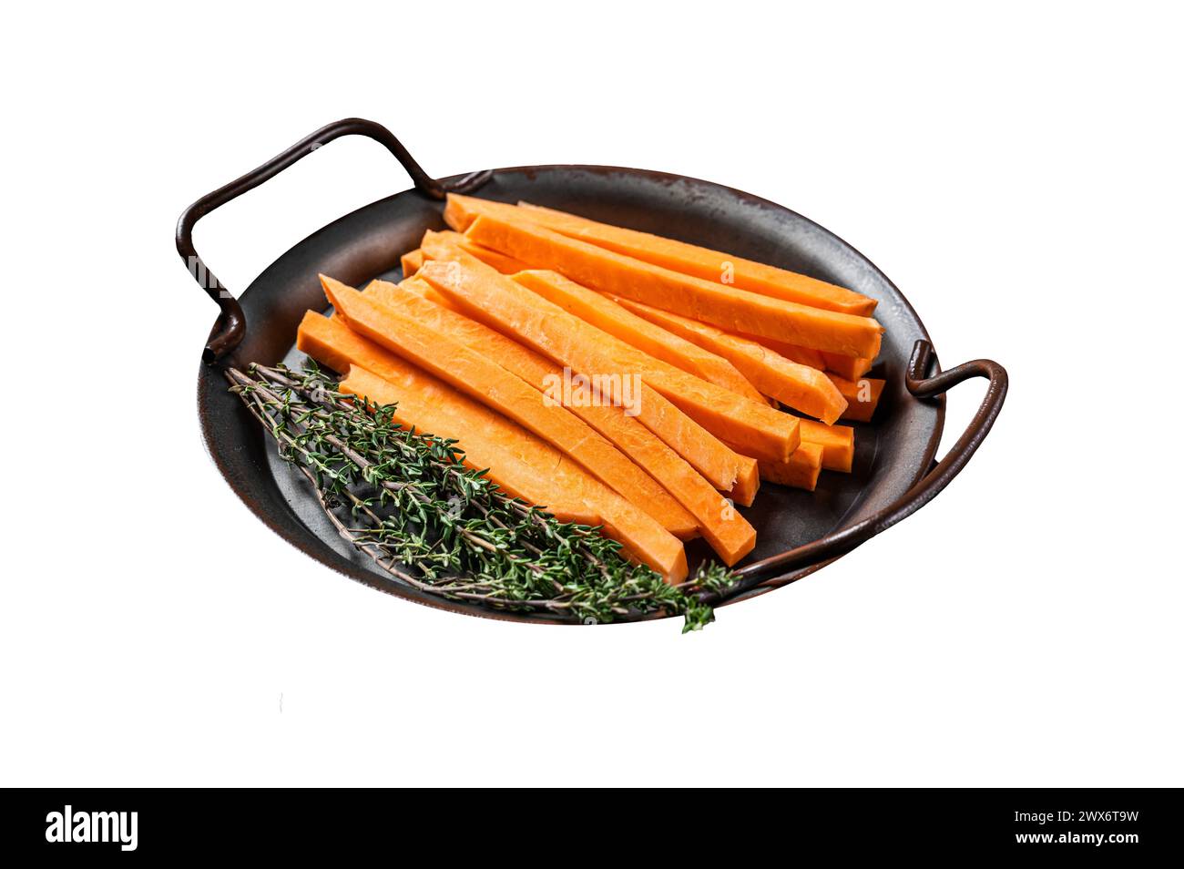 Sliced Sweet potatoes in a steel tray, fresh batata fries ready for ...