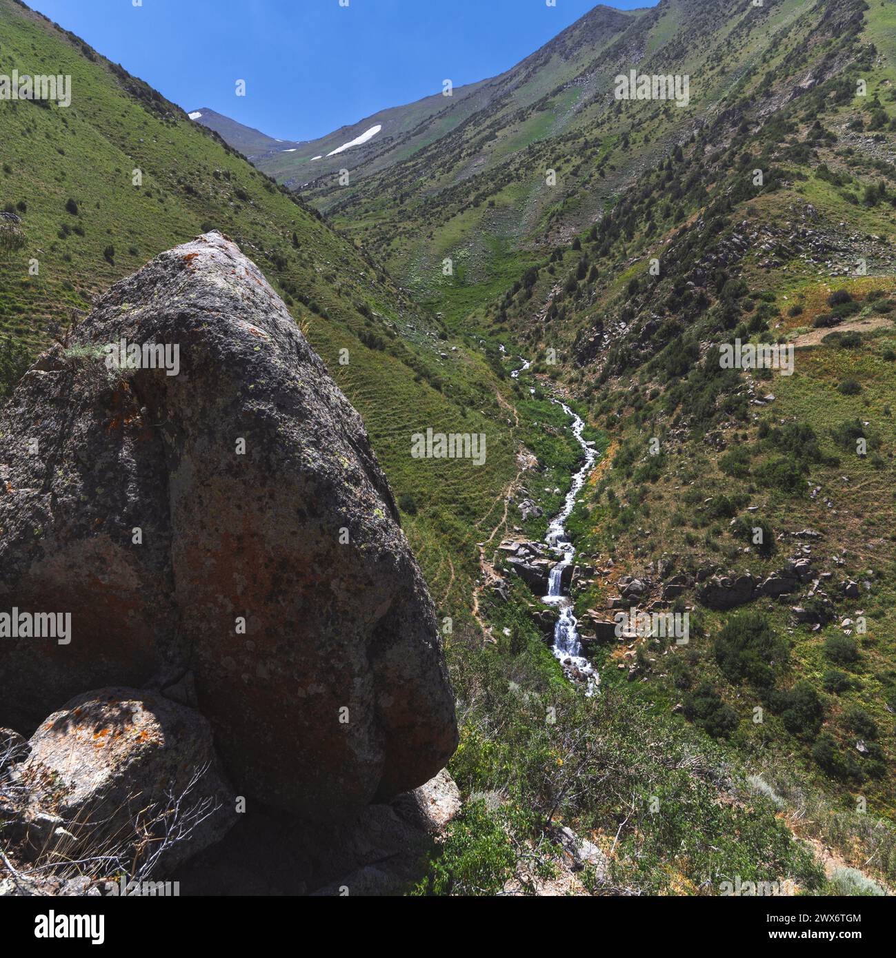 Panoramic landscape with a mountain river with cascades of waterfalls ...