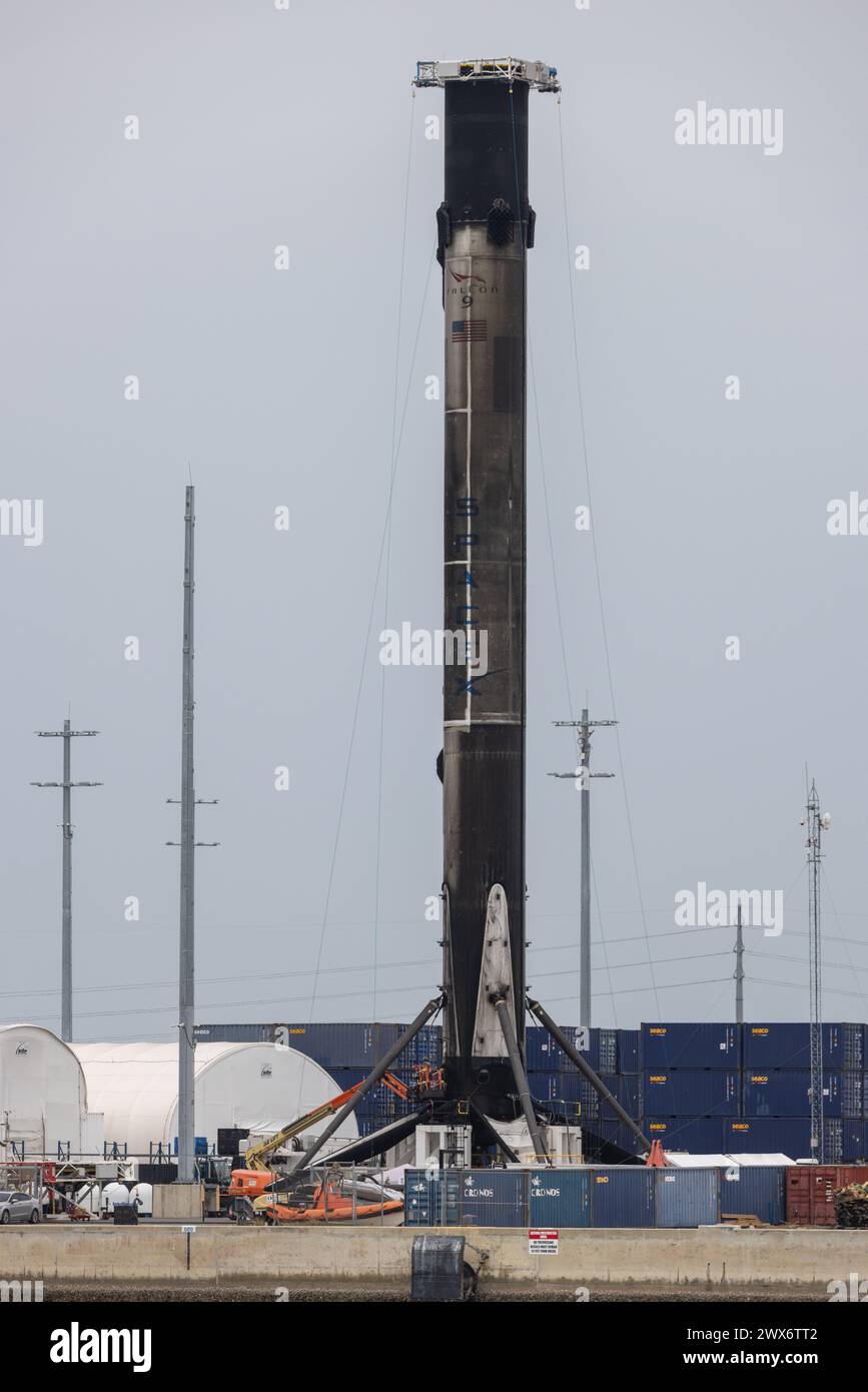 Port Canaveral, USA. 27th Mar, 2024. Falcon 9 first stage booster off ...