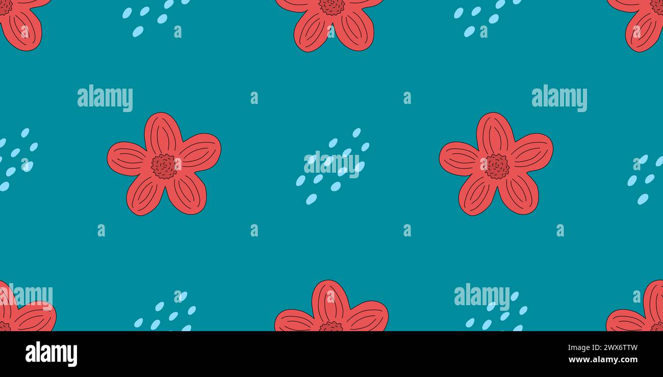 Seamless pattern with red meadow flowers and abstract drops on blue ...