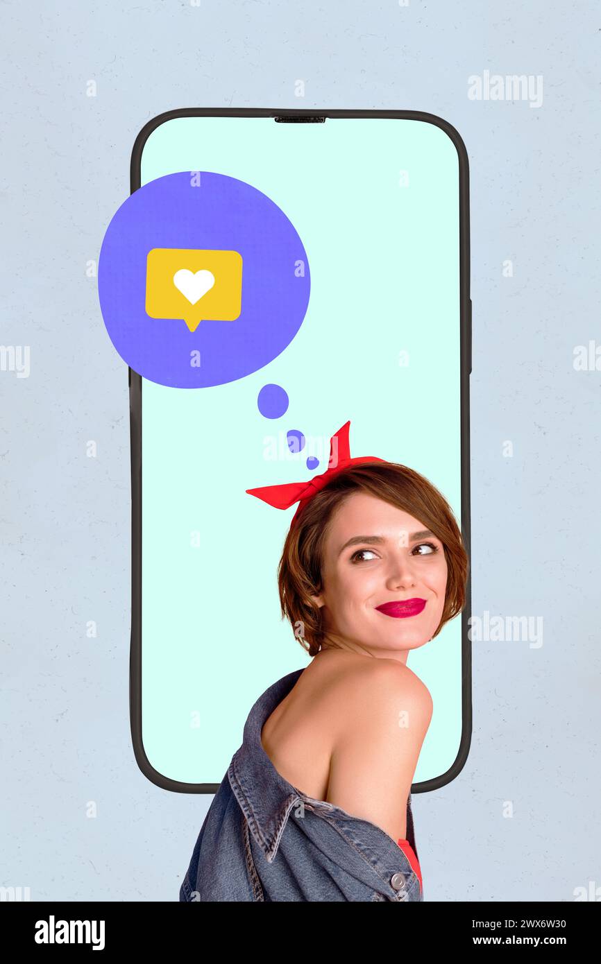 Magazine picture collage image of dreamy lady enjoying getting apple ...