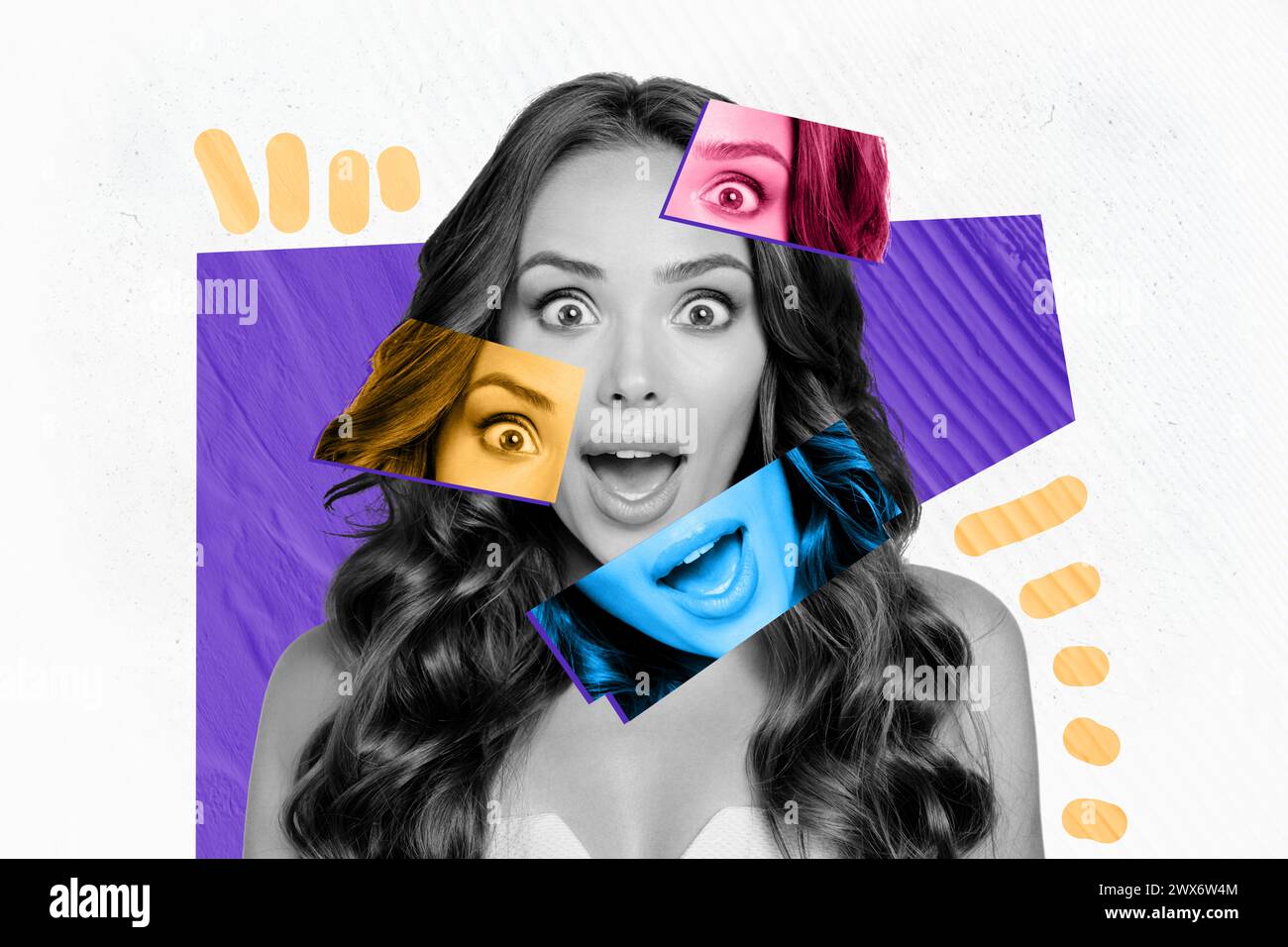 Creative photo collage young woman face fragments mouth eyes shocked ...