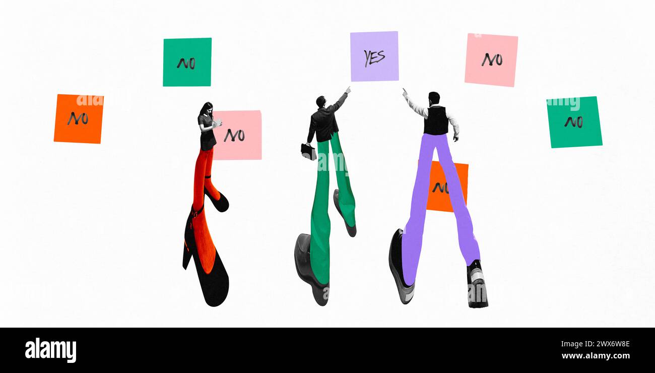 Poster. Contemporary art collage. Young employers with long legs ...