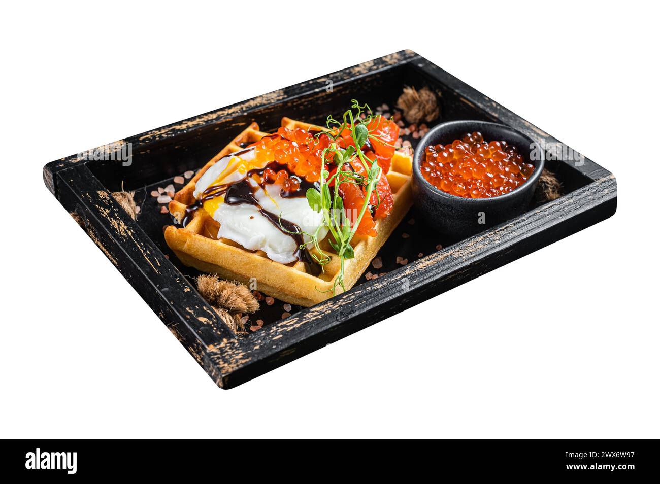 Delicious Waffle with smoked salmon fillet, poached egg and red caviar ...