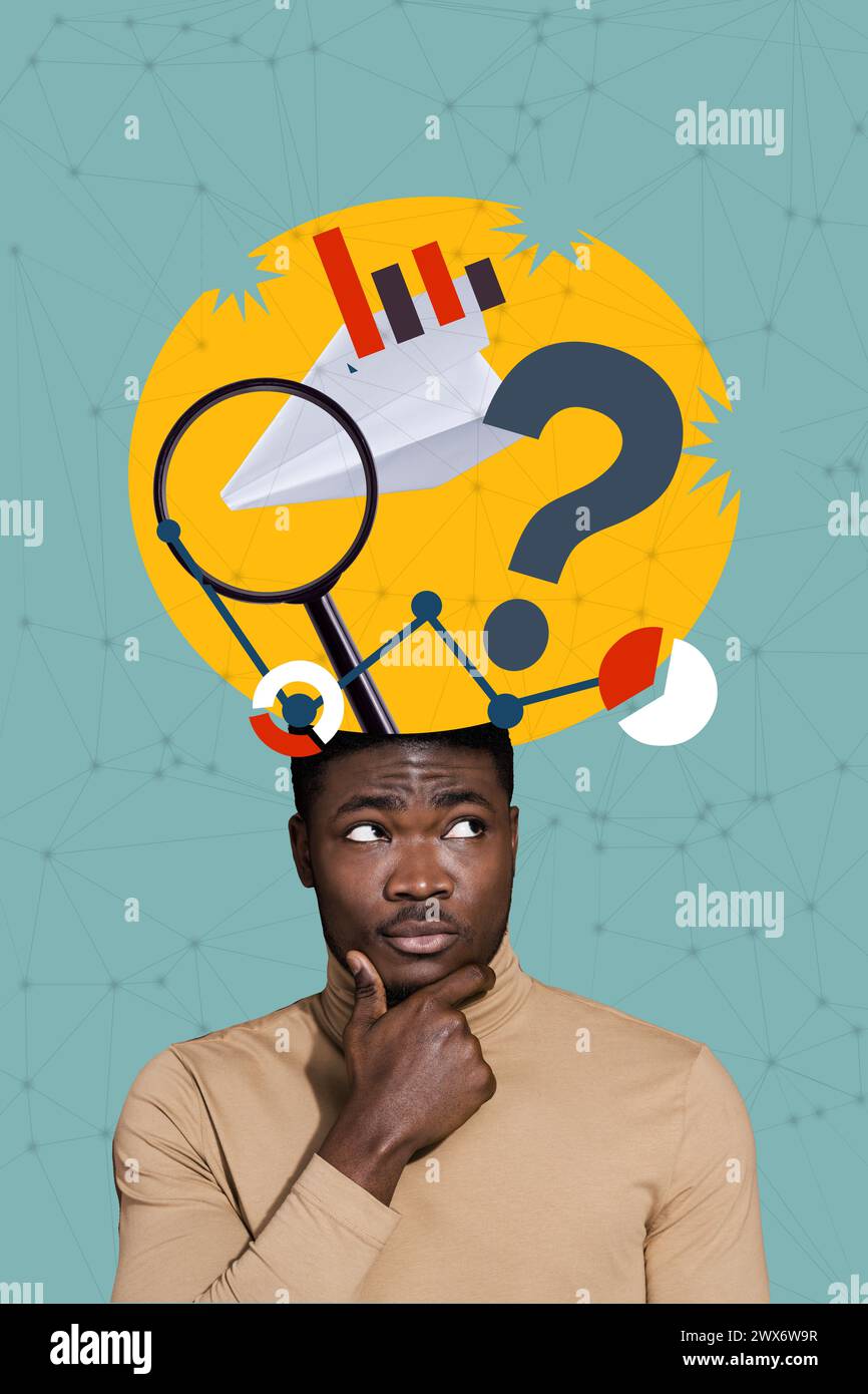 Vertical photo collage of black american man think hand touch chin ...