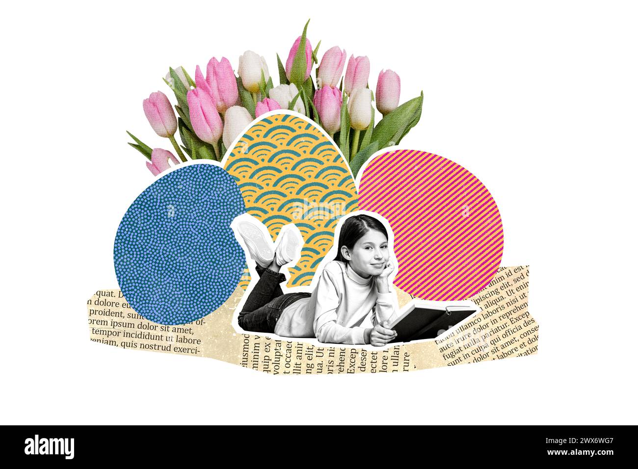 Creative collage picture lying young small kid girl read book ...