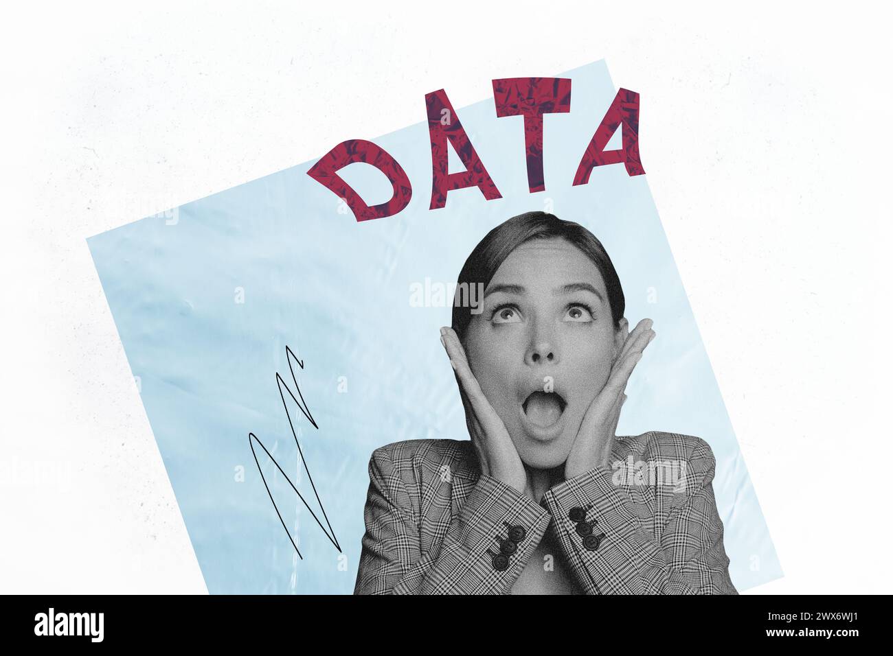 Photo collage picture young scared woman formalwear suit touch face ...