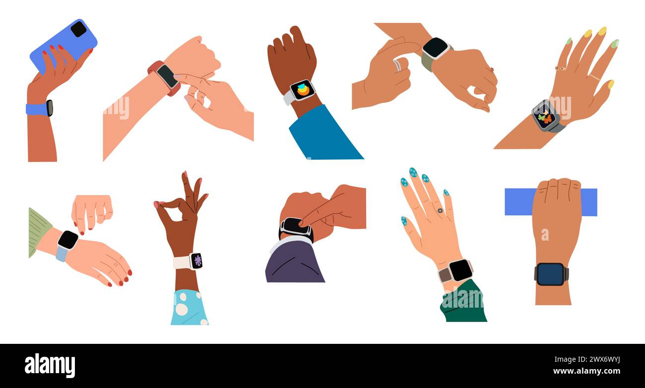 Different hands wearing smart watch on wrist Stock Vector Image & Art ...