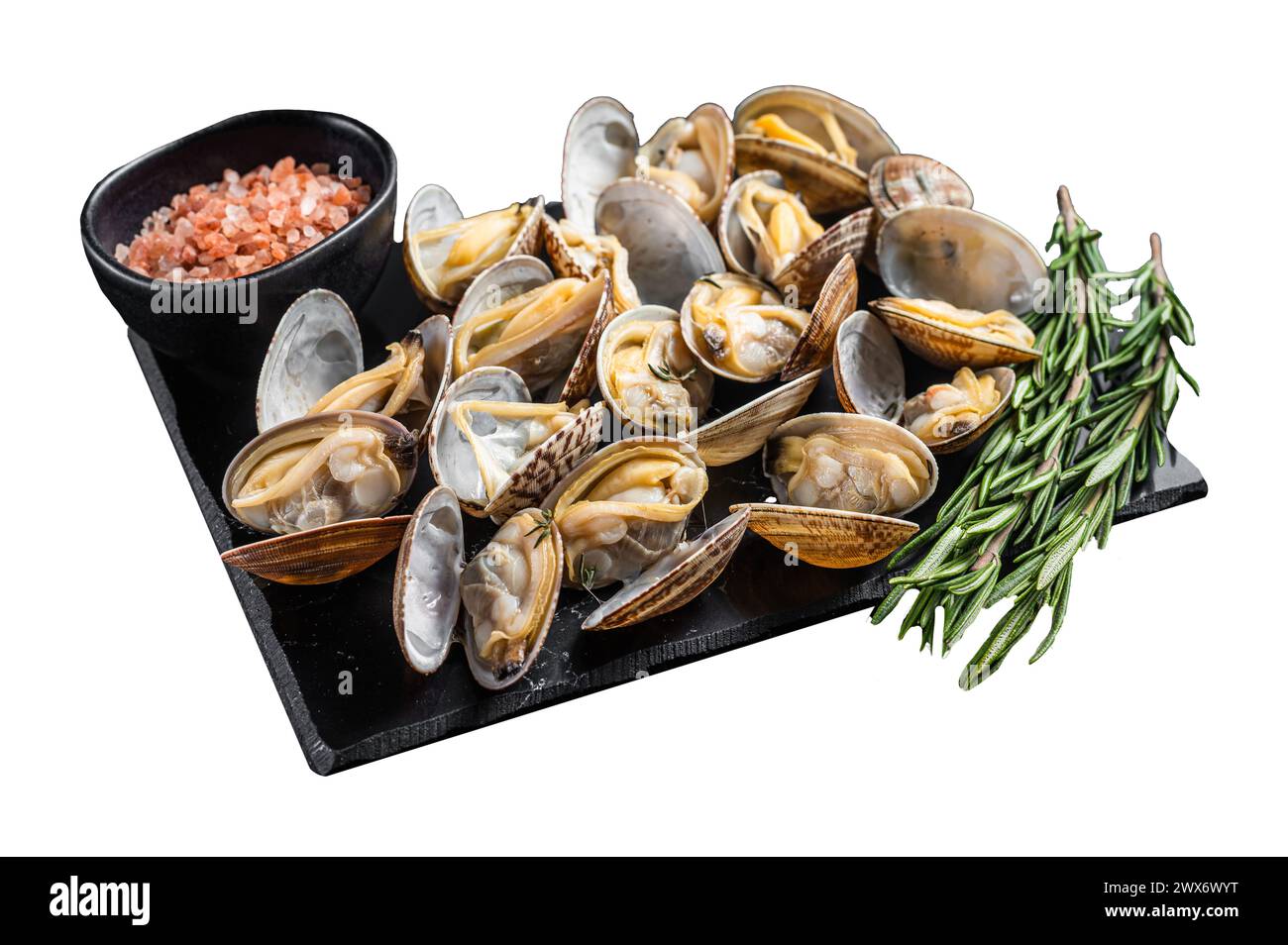 Steamed shellfish Clams with garlic and herbs. Isolated on white ...